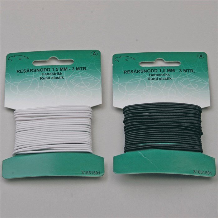 Elastik i hvid eller sort - rund i 1,5 mm tykkelse. Citystoffer.dk
